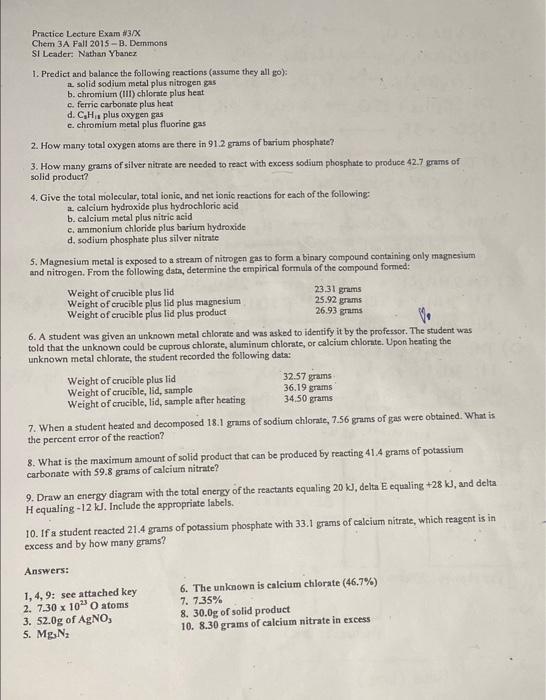 Solved Practice Lecture Exam 3/X Chem 3A Fall 2015-B. | Chegg.com