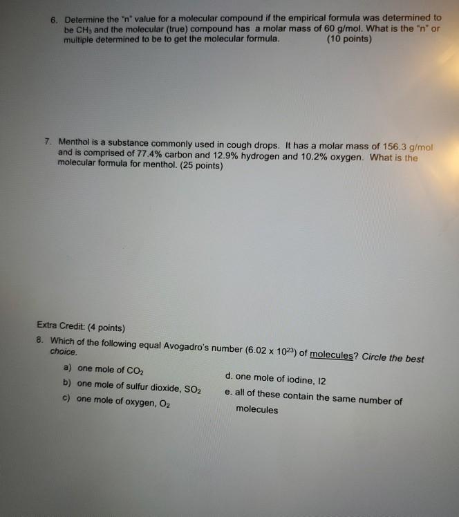 Solved 6. Determine the "n" value for a molecular compound | Chegg.com