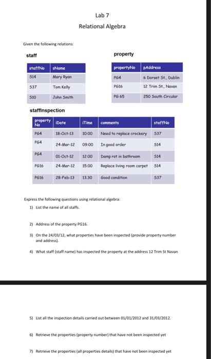 Solved Lab 7 Relational Algebra Given the following | Chegg.com