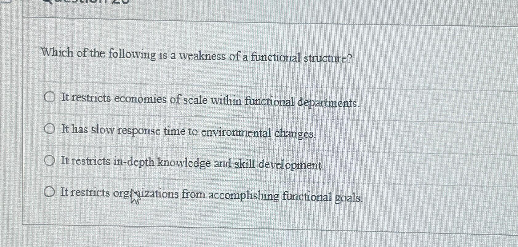 Solved Which of the following is a weakness of a functional | Chegg.com
