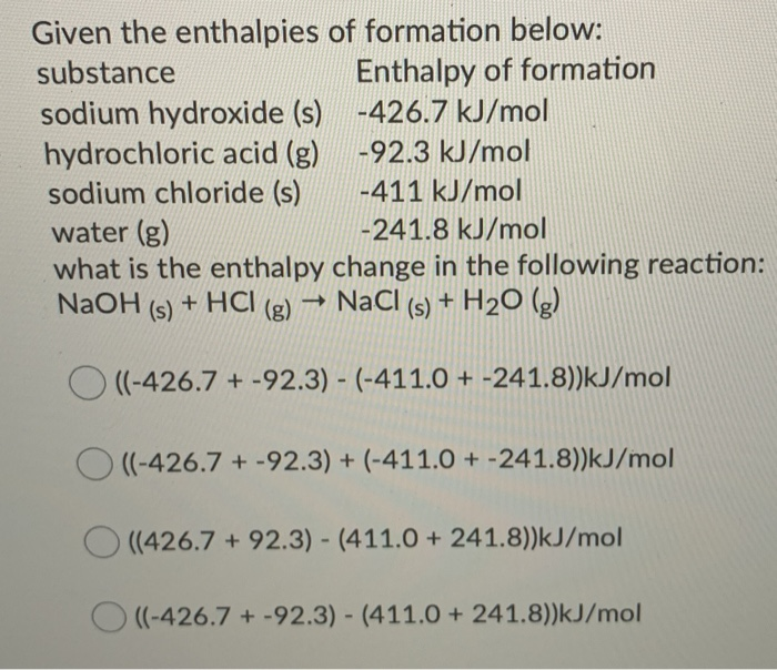 Solved Given the enthalpies of formation below: substance | Chegg.com