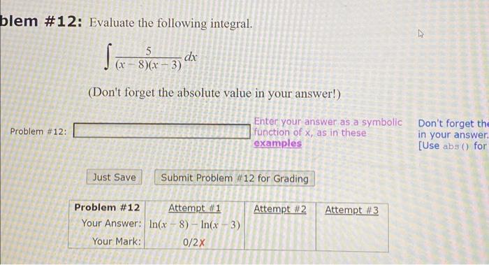 Solved blem \# 12: Evaluate the following integral. | Chegg.com