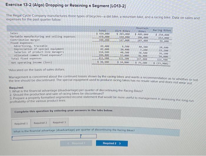 Solved Exercise 13-2 (Algo) Dropping or Retaining a Segment | Chegg.com