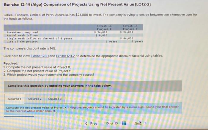 Solved Exercise 12-14 (Algo) Comparison of Projects Using | Chegg.com