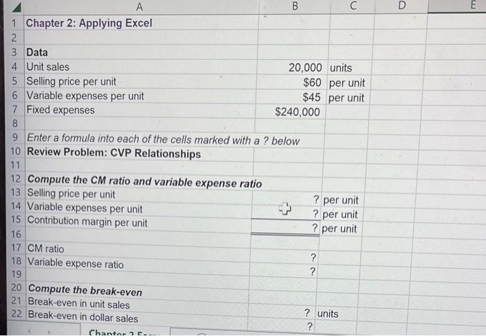 Solved please give me the formulas to put in the excel | Chegg.com