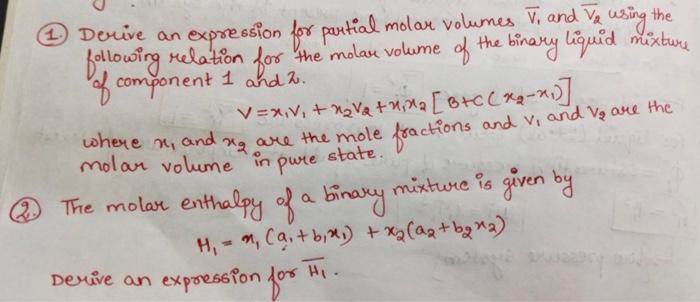 Solved (1) Derive an expression for partial molar volumes | Chegg.com