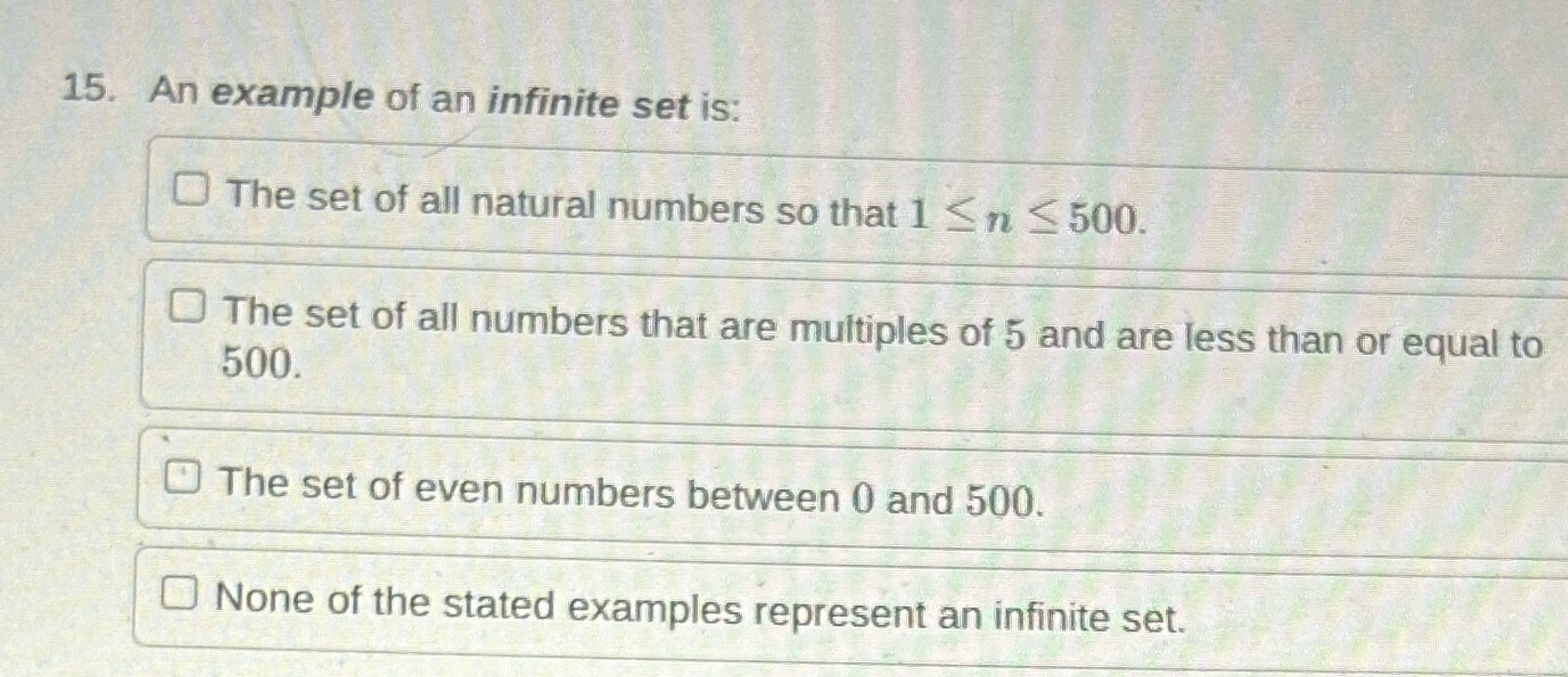 Solved An example of an infinite set is:The set of all | Chegg.com