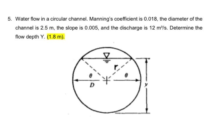 Solved 5. Water flow in a circular channel. Manning's | Chegg.com
