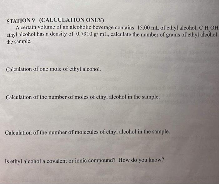 Solved STATION 9 (CALCULATION ONLY) A certain volume of an | Chegg.com