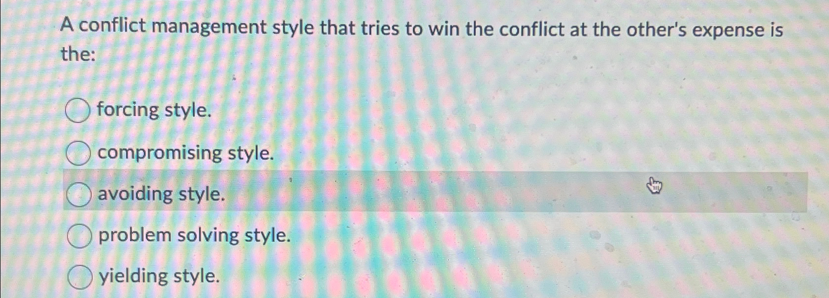 Solved A conflict management style that tries to win the | Chegg.com