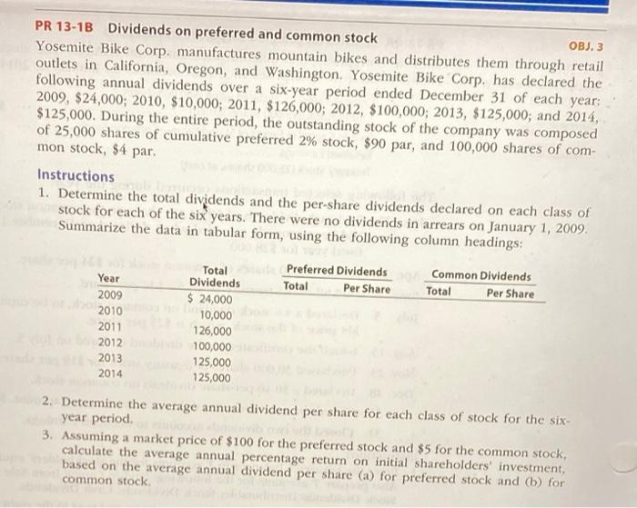 Solved PR 13-1B Dividends on preferred and common stock OBJ. | Chegg.com