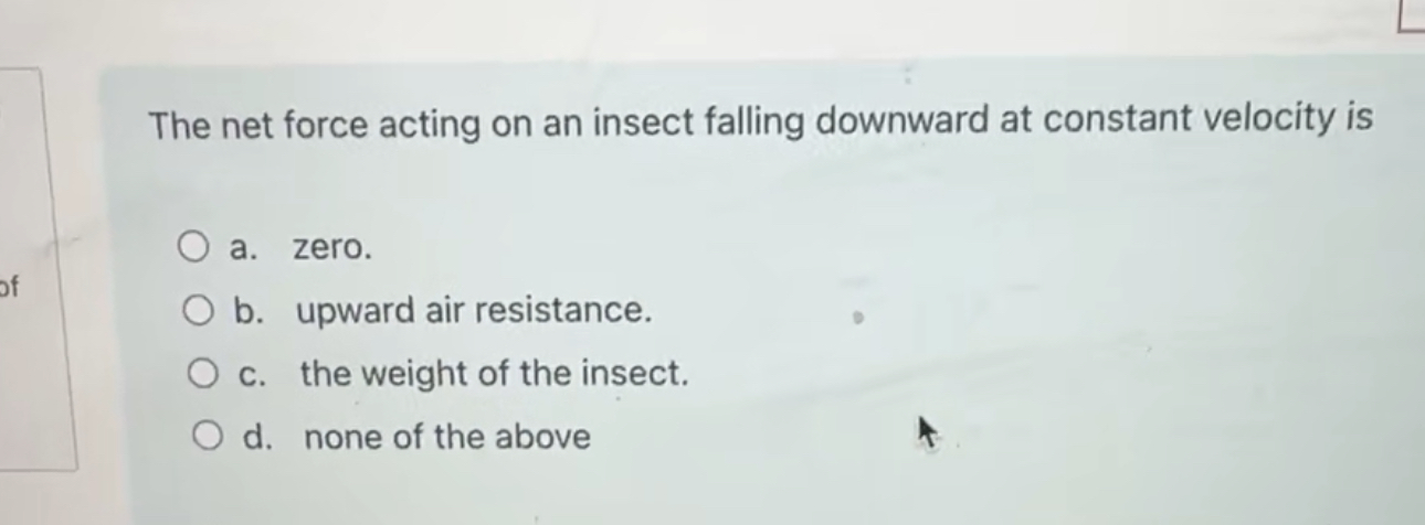 Solved The net force acting on an insect falling downward at | Chegg.com