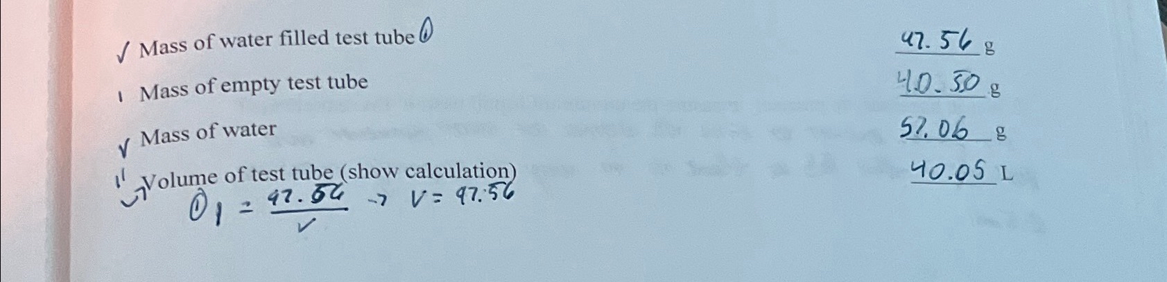 Solved ﻿Mass of water filled test tube1 ﻿Mass of empty | Chegg.com