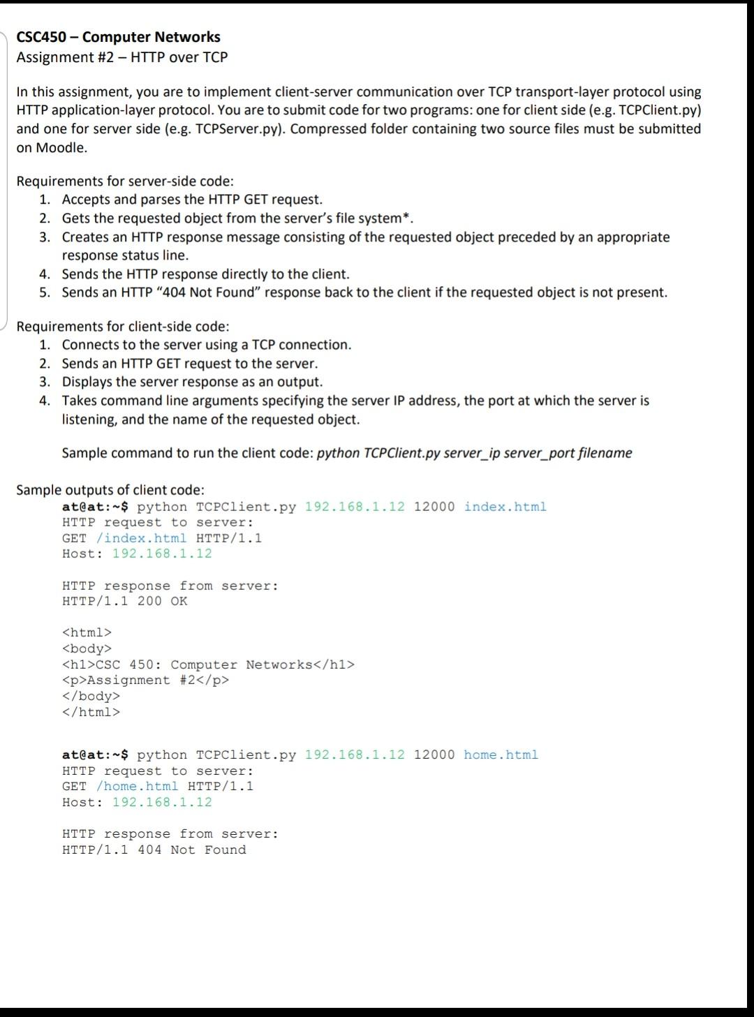 CSC450 - Computer Networks Assignment #2 - HTTP over | Chegg.com