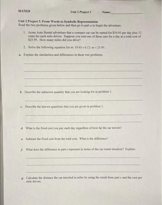 Solved MAT020 Unit 2 Project 3 Name: Unit 2 Project 3: From | Chegg.com