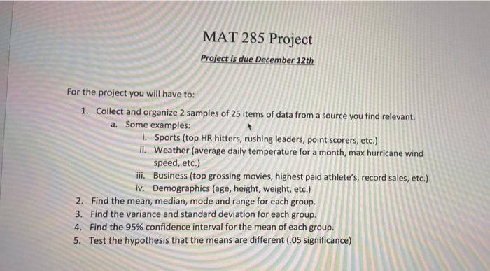 Solved MAT 285 Project Project is due December 12th For the | Chegg.com