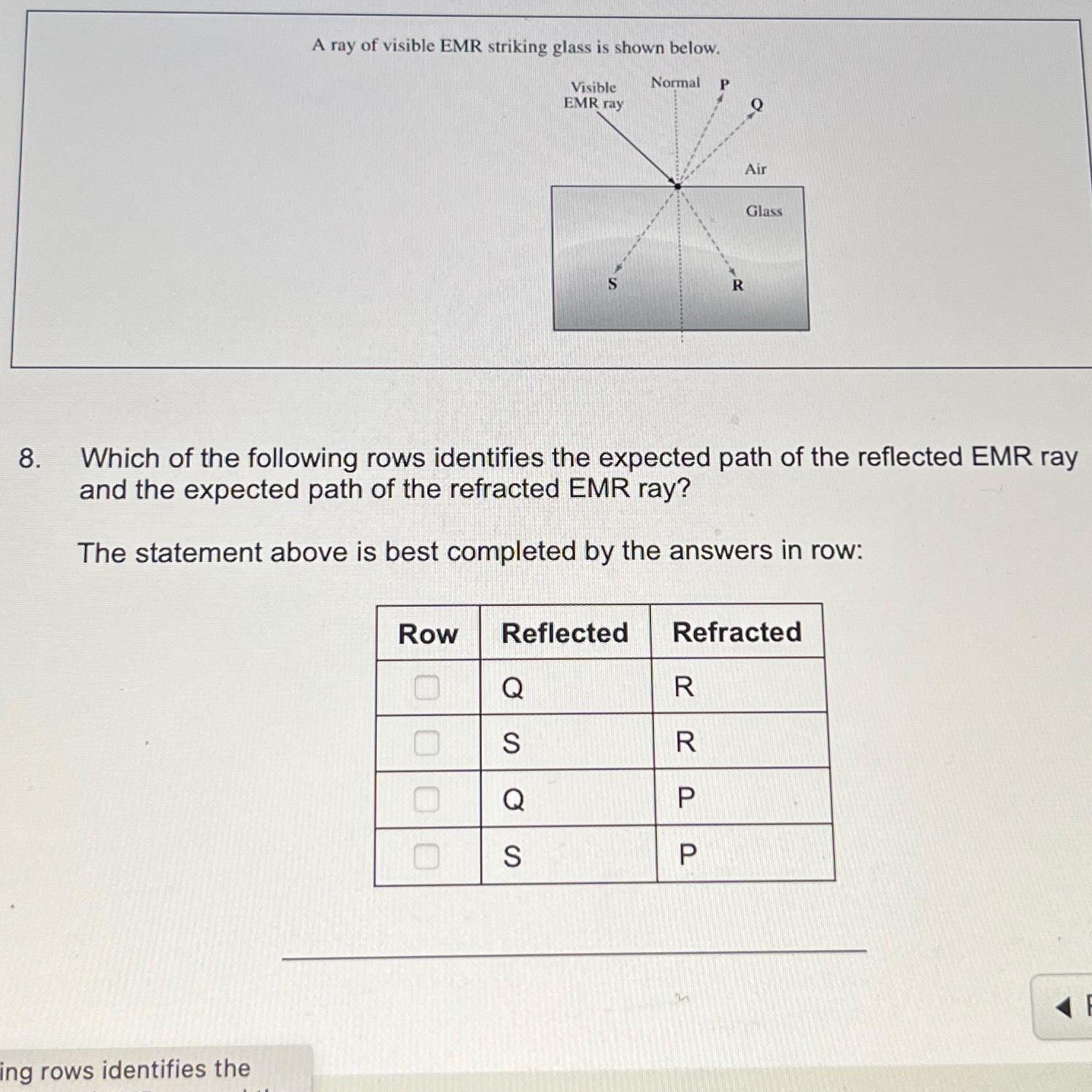 Solved A ray of visible EMR striking glass is shown below.8. | Chegg.com