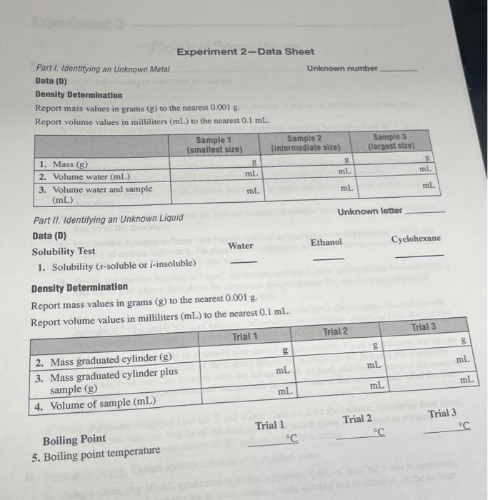 Experiment 2-Data Sheet Part 1. Identifying an | Chegg.com