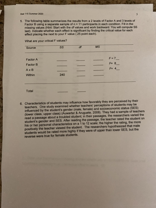 Solved Stat 115 Summer 2020 Your name Assignment 13 Two-Way | Chegg.com