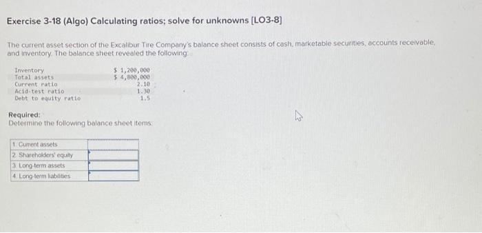 Solved Exercise 3-18 (Algo) Calculating ratios; solve for | Chegg.com Solved Exercise 3-18 (Algo) Calculating ratios; solve for | Chegg.com