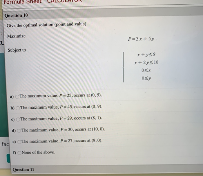 Solved Formula Sheet Question 10 Give the optimal solution | Chegg.com