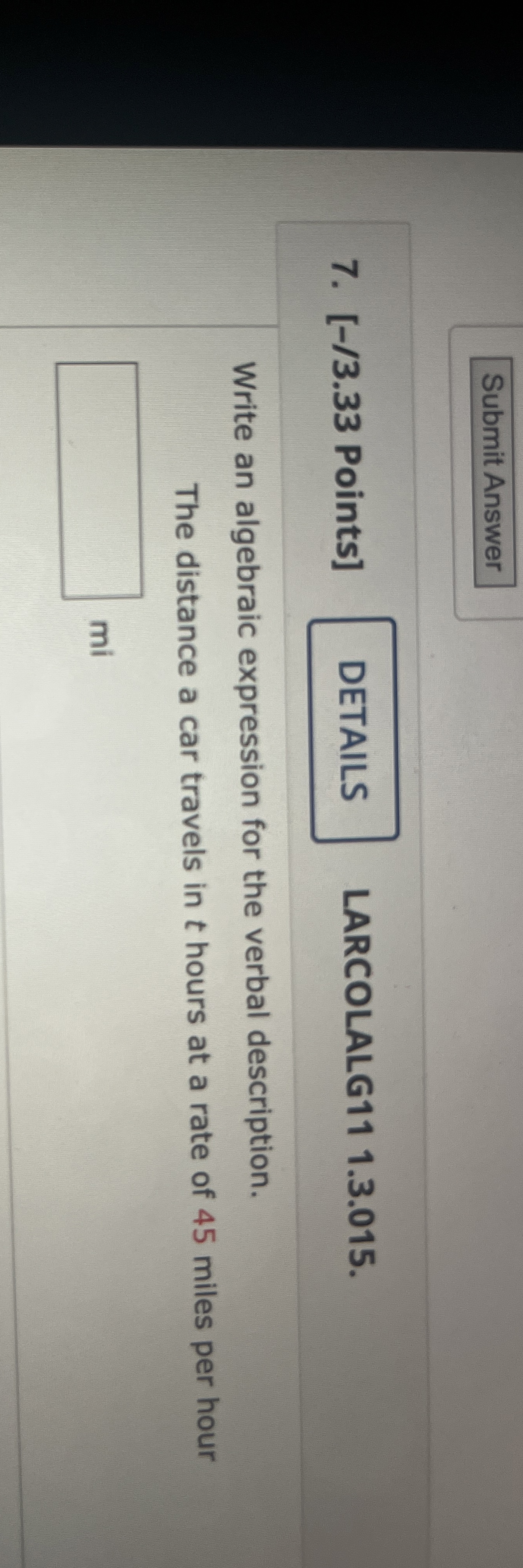 Solved [-/3.33 ﻿Points]LARCOLALG11 1.3.015.Write an | Chegg.com