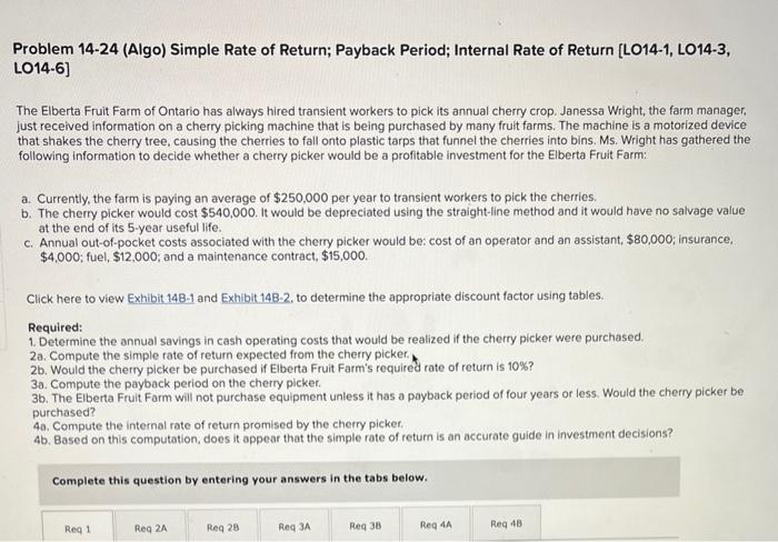 Solved Problem 14-24 (Algo) Simple Rate of Return; Payback | Chegg.com