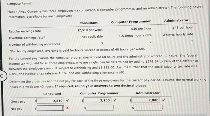 Solved Compute Payroll Floatin Away Company has three | Chegg.com