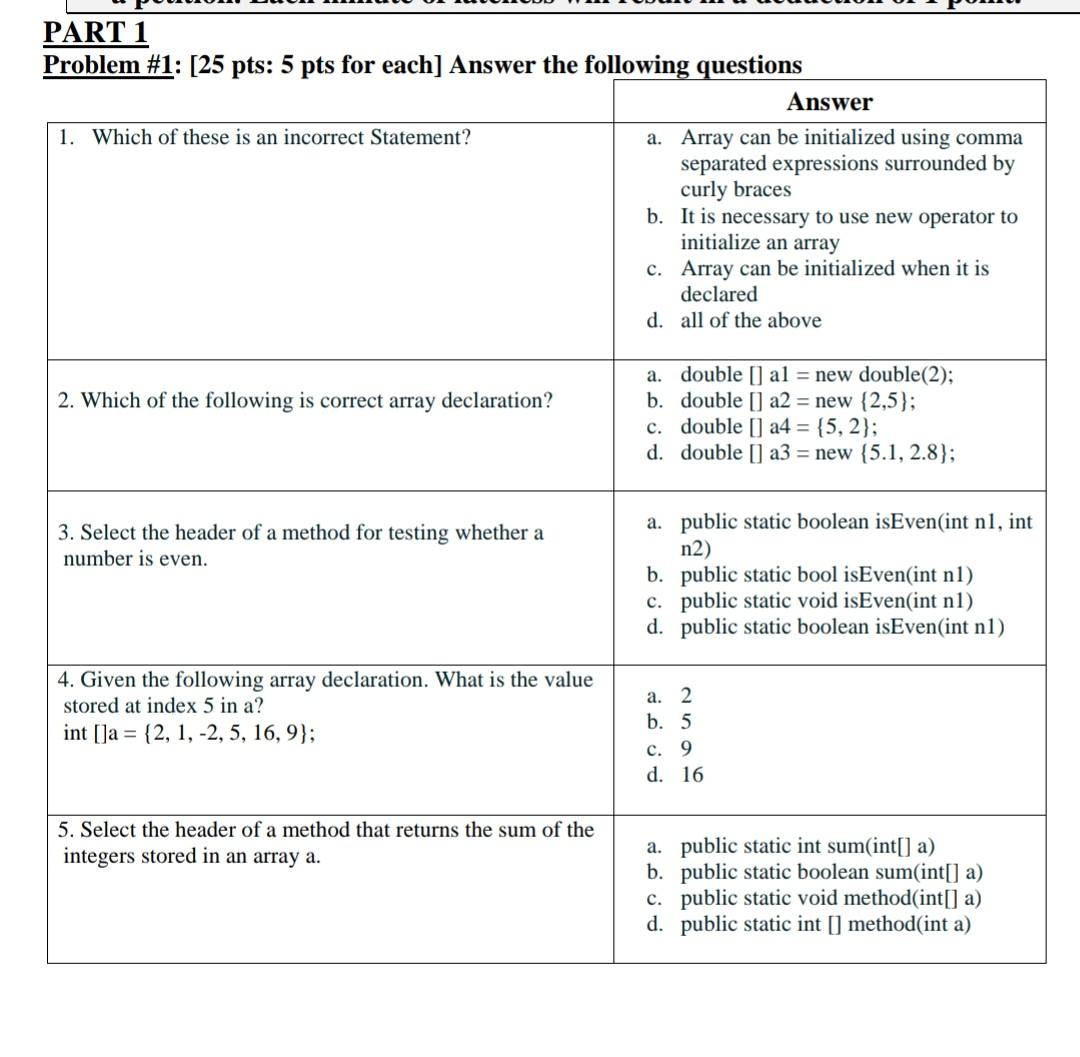 Solved PART 1 Problem #1: [25 pts: 5 pts for each] Answer | Chegg.com
