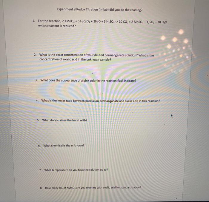 Solved Experiment 8 Redox Titration (in-lab) did you do the | Chegg.com