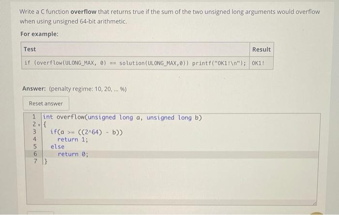 Solved Write a C function overflow that returns true if the | Chegg.com