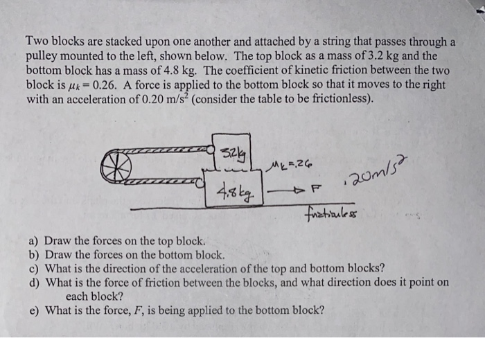 Solved Two blocks are stacked upon one another and attached | Chegg.com
