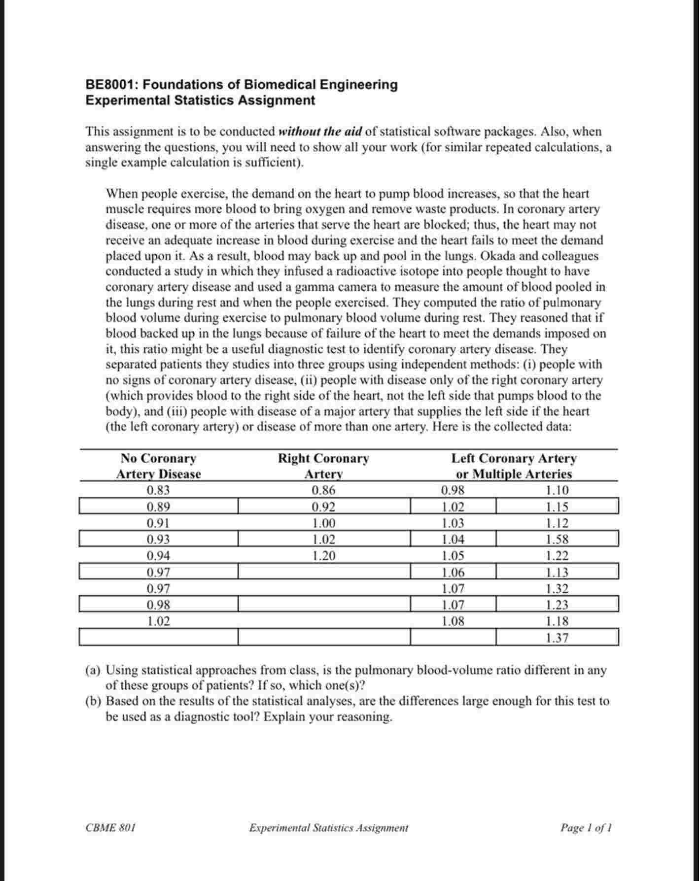 Solved Biomedical Engineering Experimental Statistics | Chegg.com