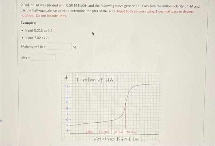 Solved 20 mL of HA was titrated with 0.50 M NaOH and the | Chegg.com