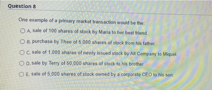 Solved Question 8 One example of a primary market | Chegg.com