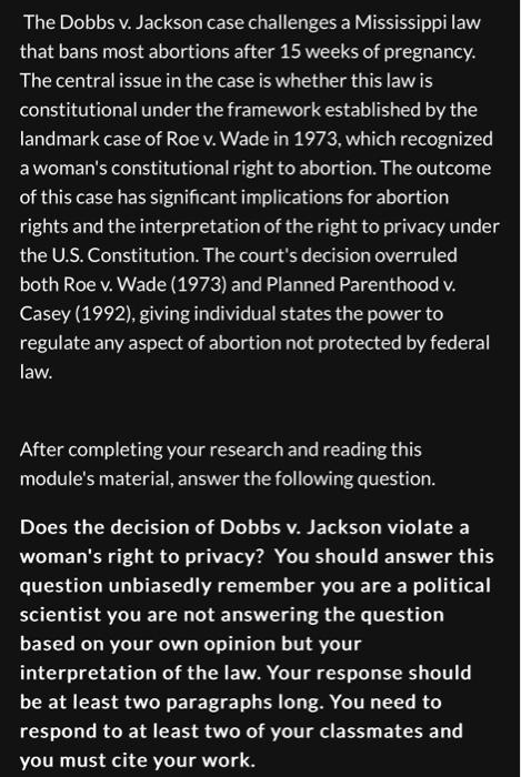 The Dobbs v. Jackson case challenges a Mississippi | Chegg.com