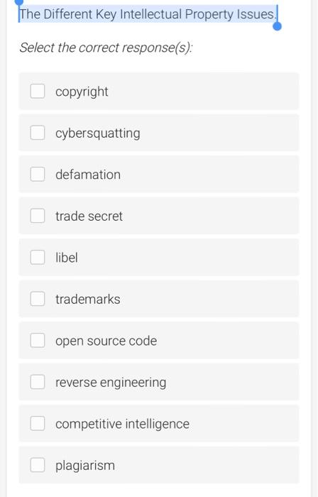 Solved The Different Key Intellectual Property Issues Select | Chegg.com