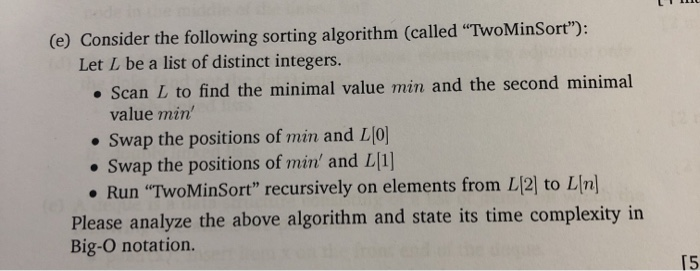 Solved (e) Consider the following sorting algorithm (called | Chegg.com