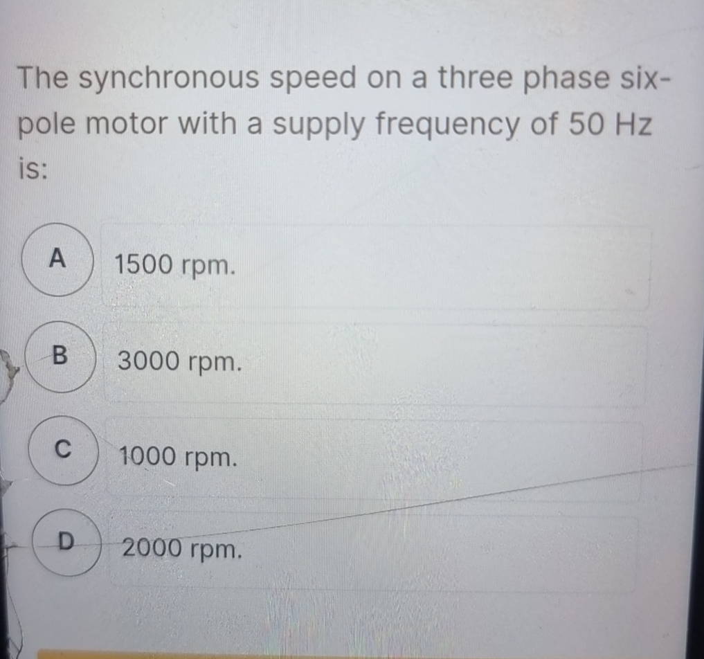 Solved The synchronous speed on a three phase sixpole motor | Chegg.com