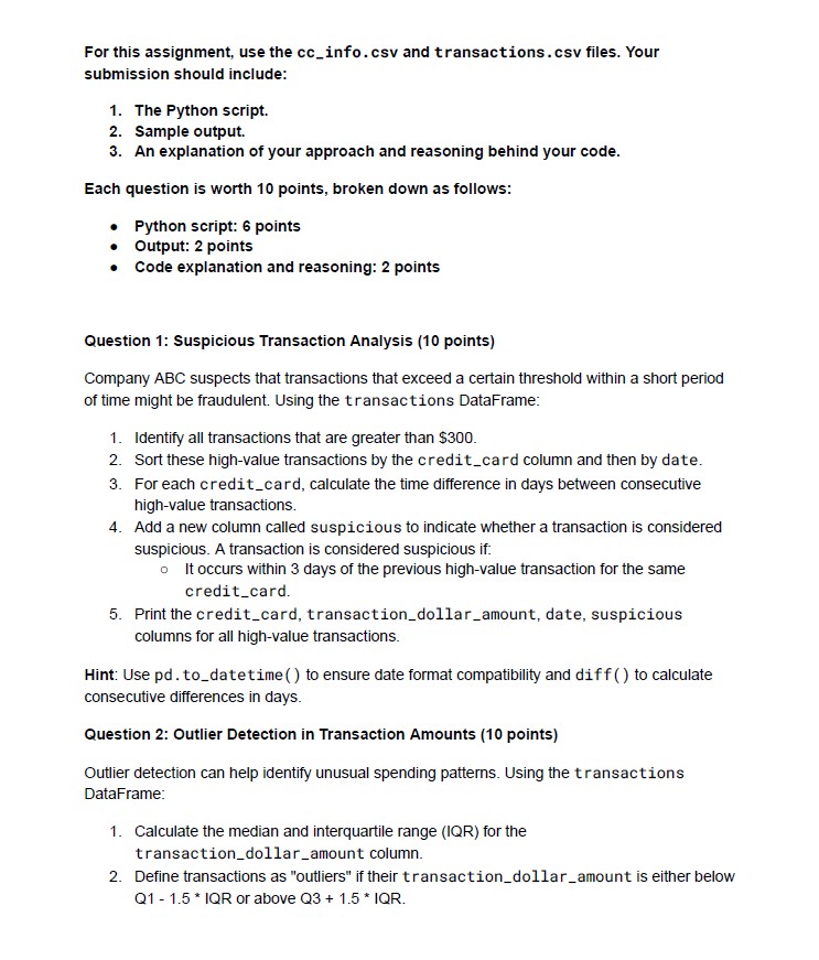 Solved For this assignment, use the cc_info.csv and | Chegg.com