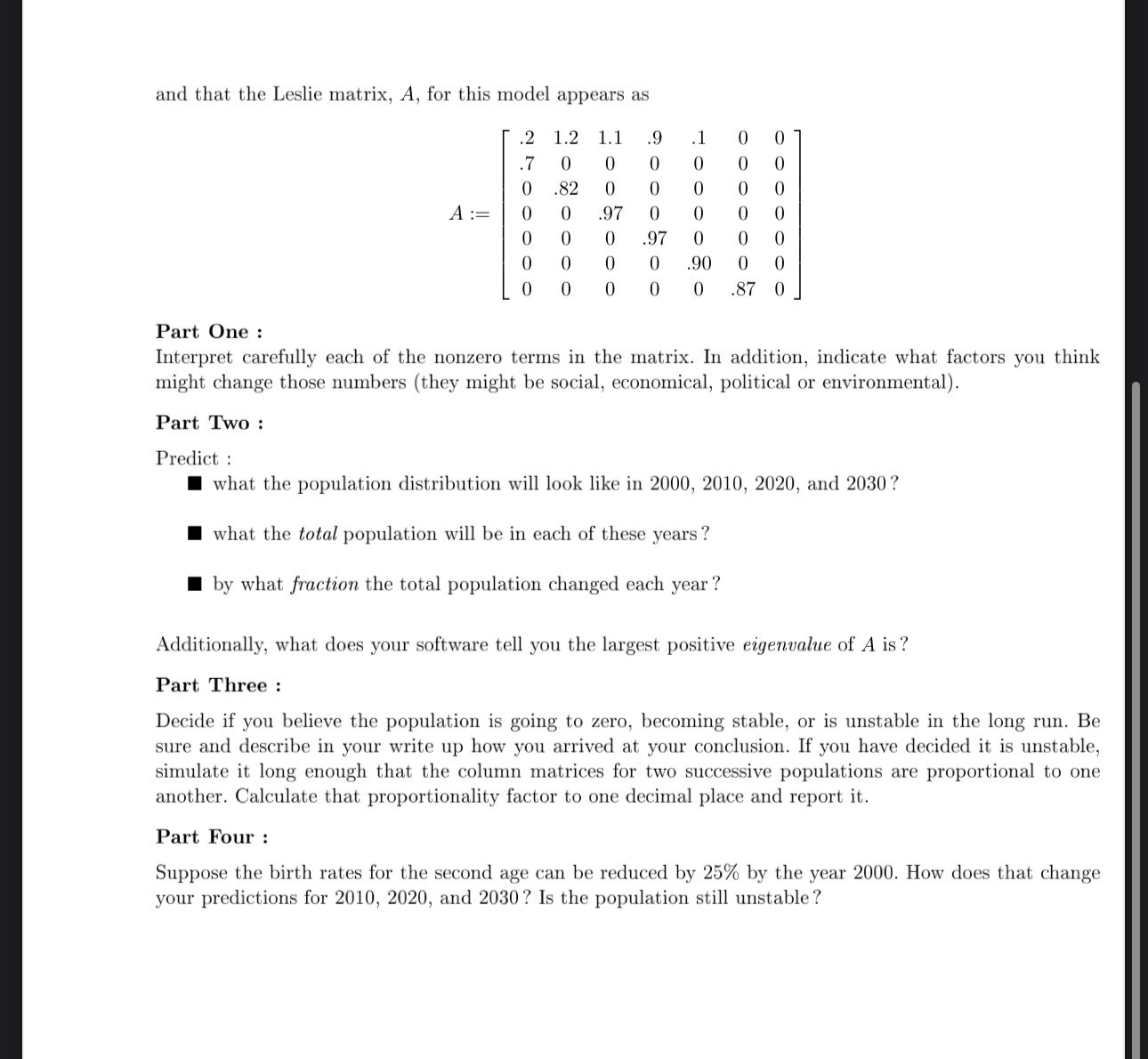 Solved Linear Algebra Project : Urban Population Dynamics | Chegg.com