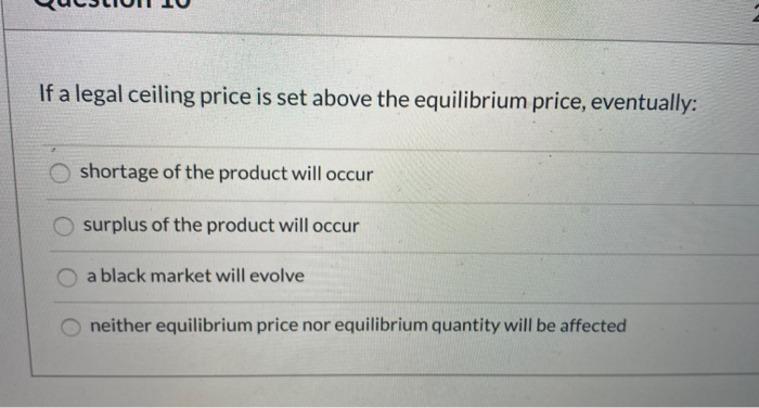 Solved If a legal ceiling price is set above the equilibrium | Chegg.com