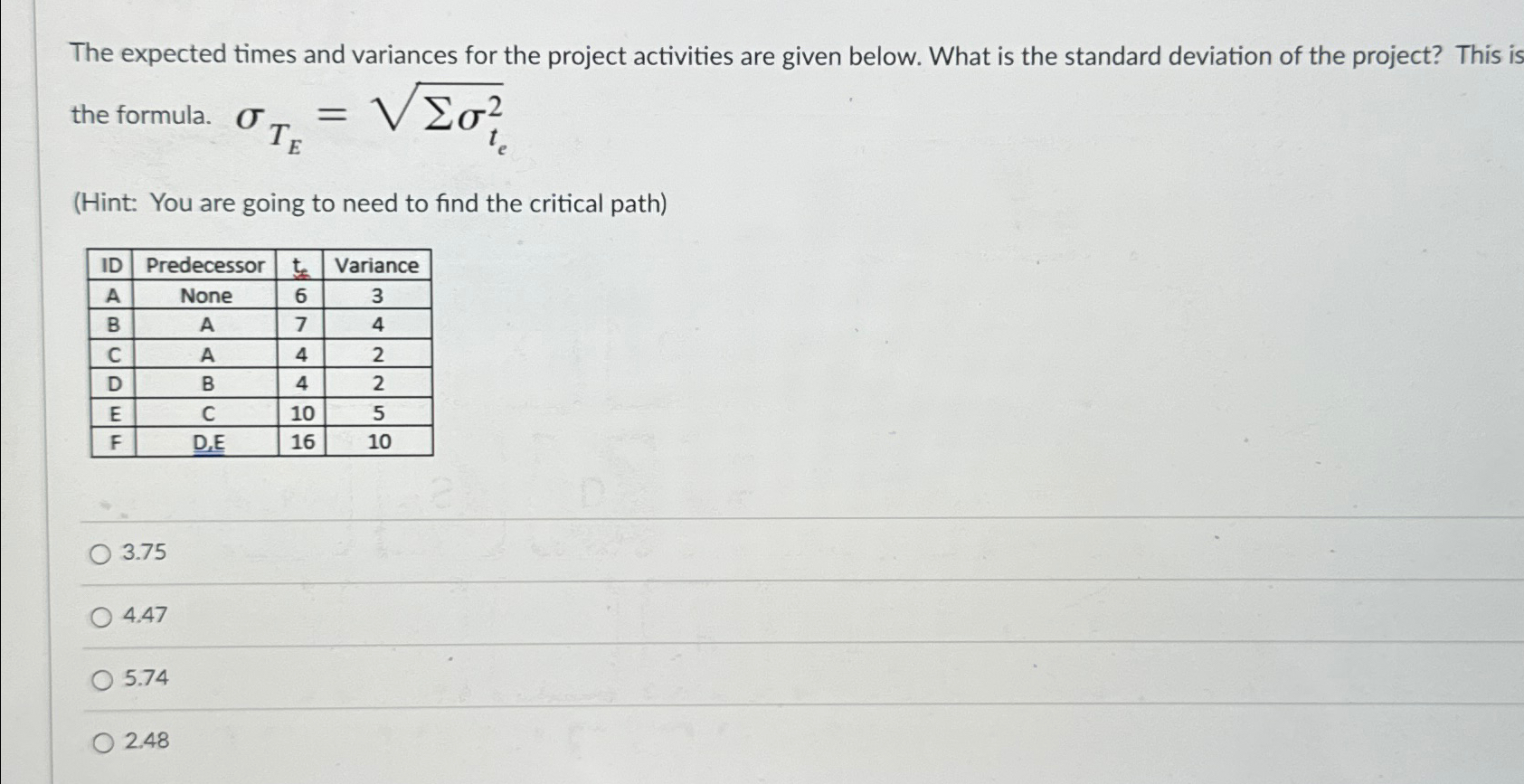 Solved The expected times and variances for the project | Chegg.com