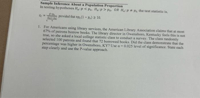 Solved Sample Inference About A Population Proportion In