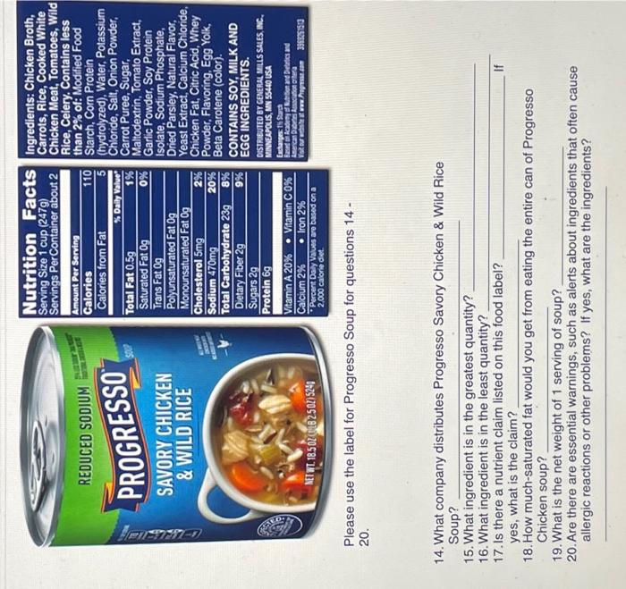 look at the nutrition label for a generic soup and | Chegg.com
