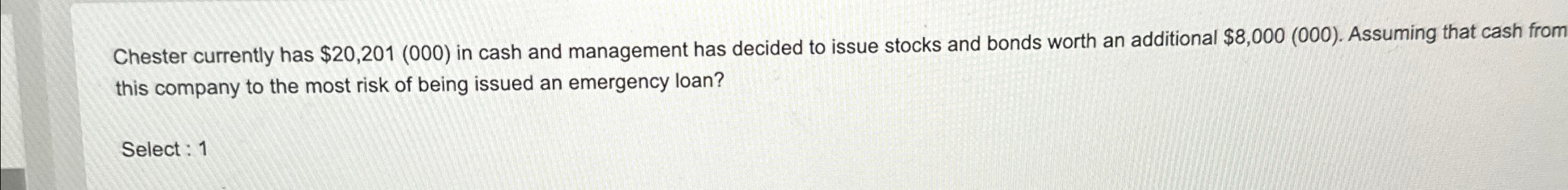 Solved Chester currently has $20,201(000) ﻿in cash and | Chegg.com