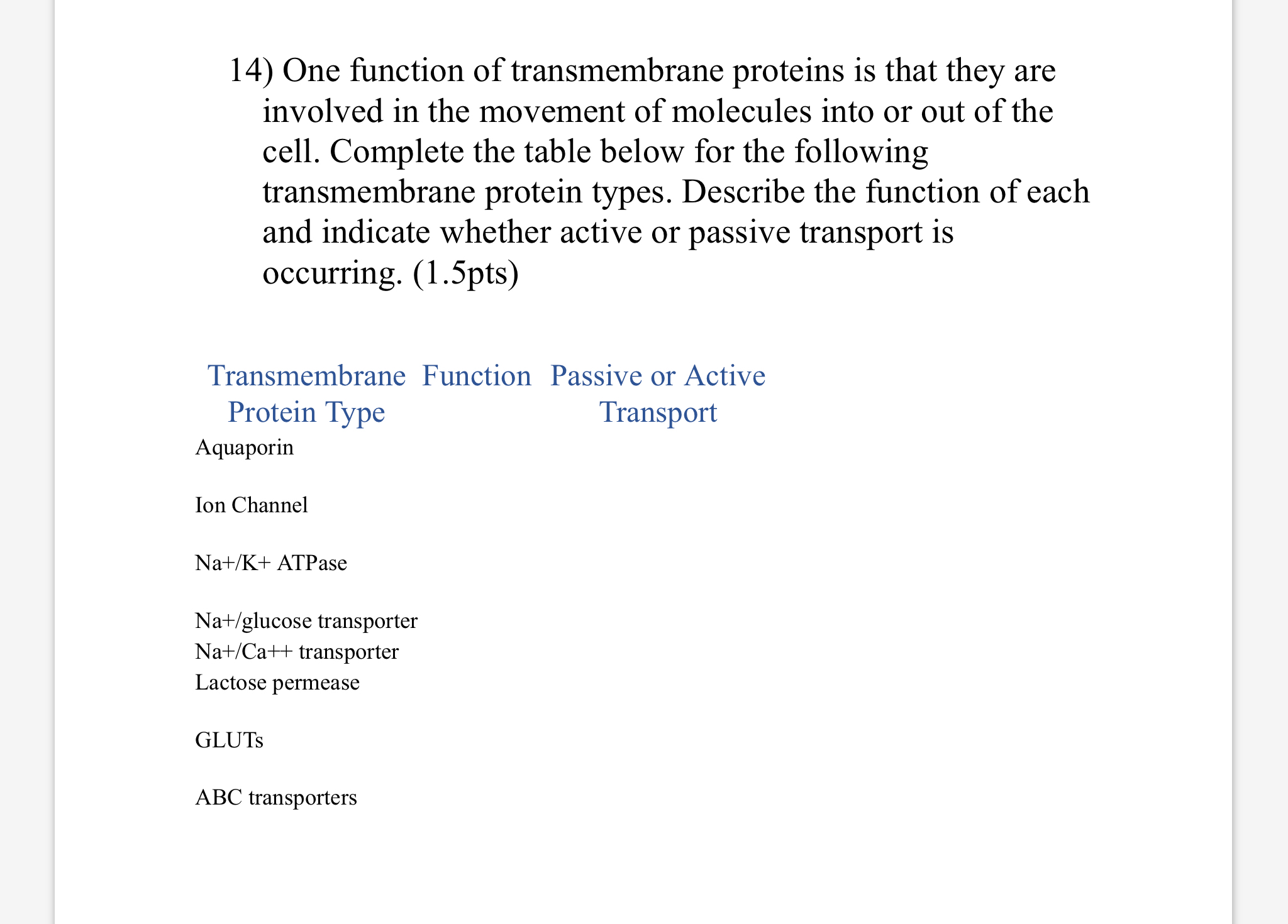 Solved One function of transmembrane proteins is that they | Chegg.com