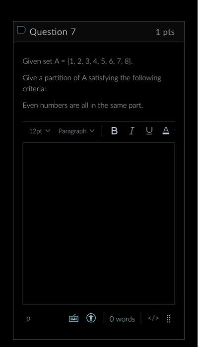 Solved Given set A={1,2,3,4,5,6,7,8}. Give a partition of A | Chegg.com