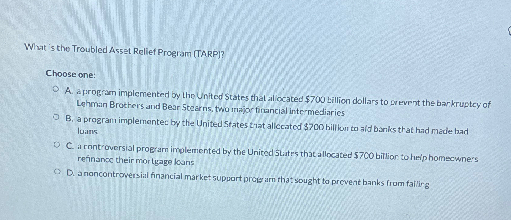 Solved What is the Troubled Asset Relief Program | Chegg.com