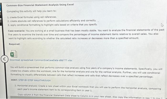 Solved Common-Size Financial Statement Analysis Using Excel | Chegg.com